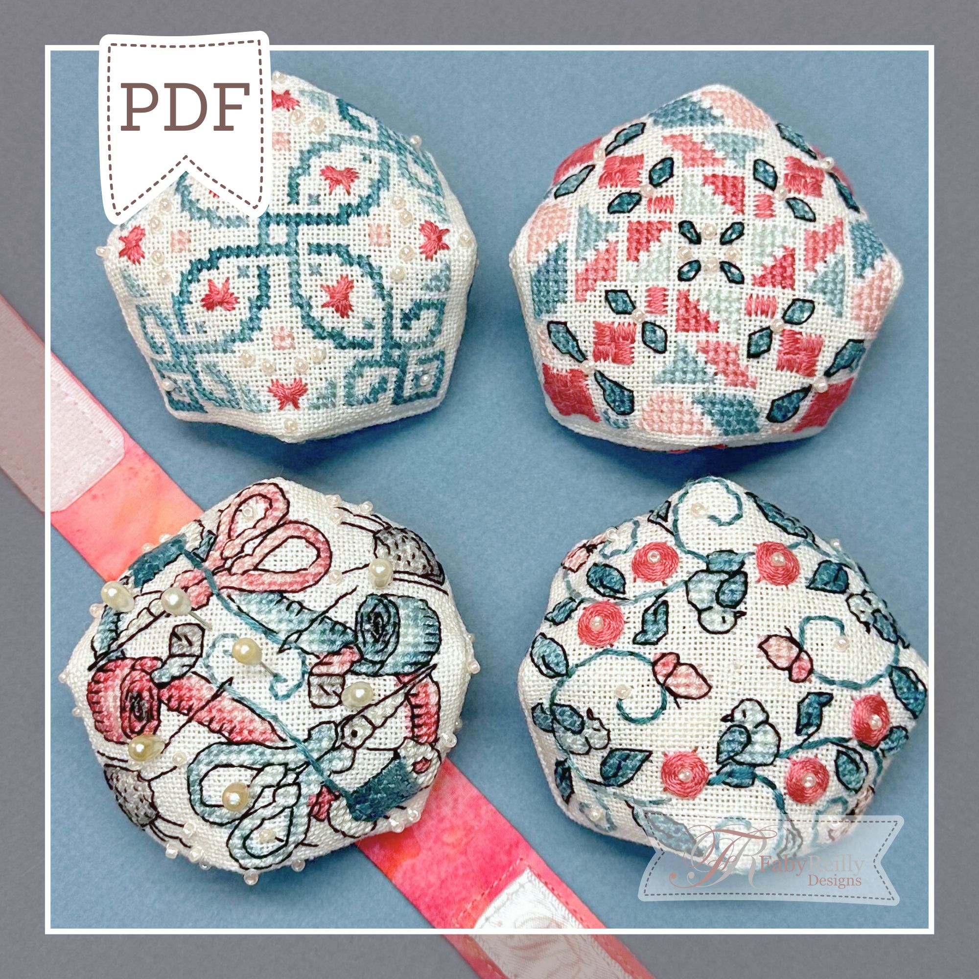 Teal & Pink wrist pincushion and weights embroidery pattern - Faby ...